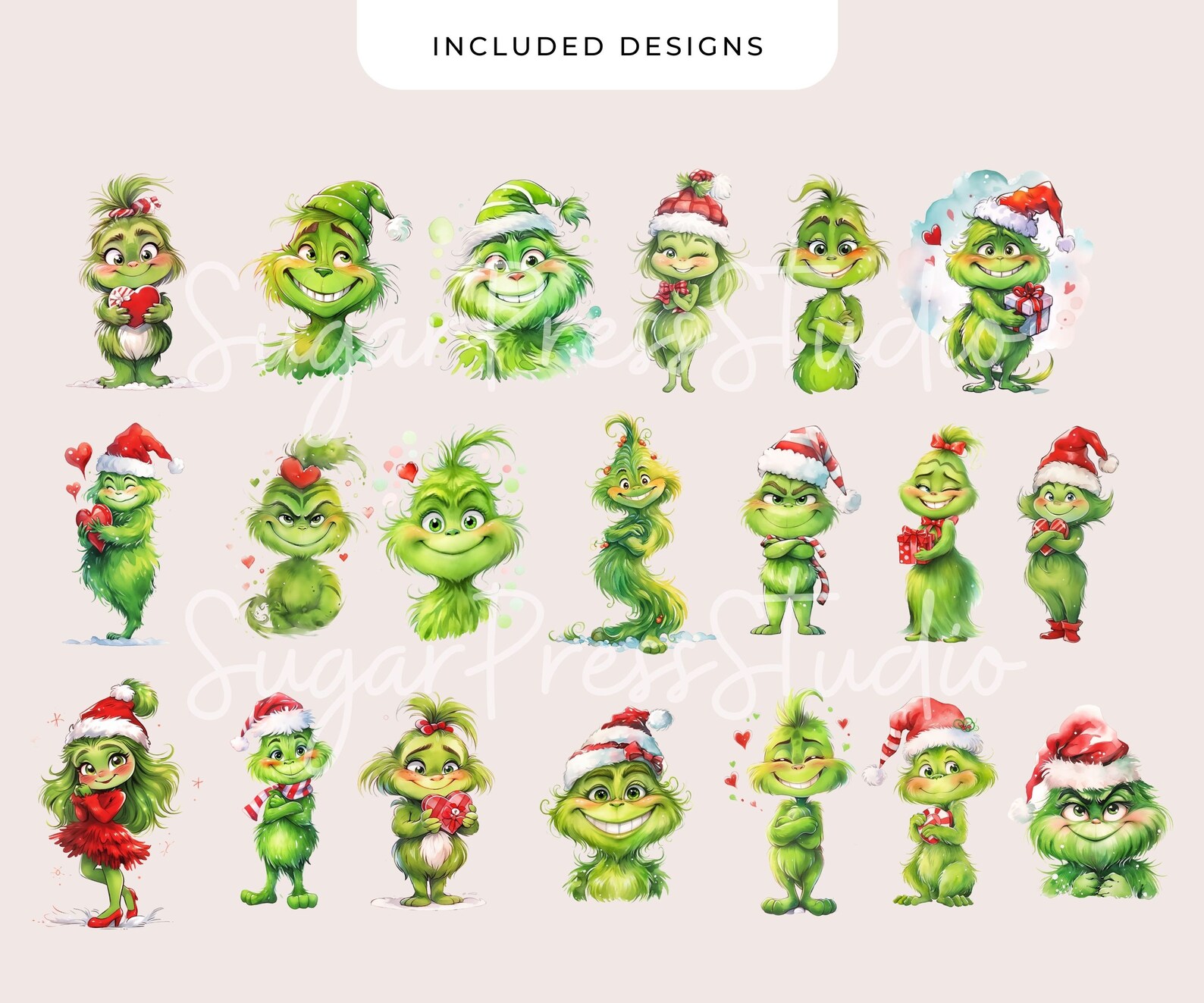 Cute Green Monster Clipart Bundle - Watercolor Christmas Festive Green ...