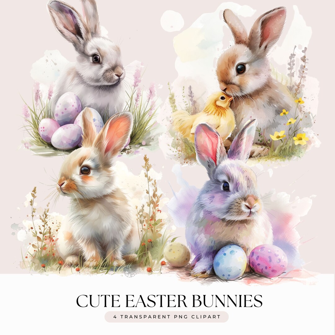 Cute Easter Bunnies Clipart Bundle - Beige Pastel Watercolor Easter ...