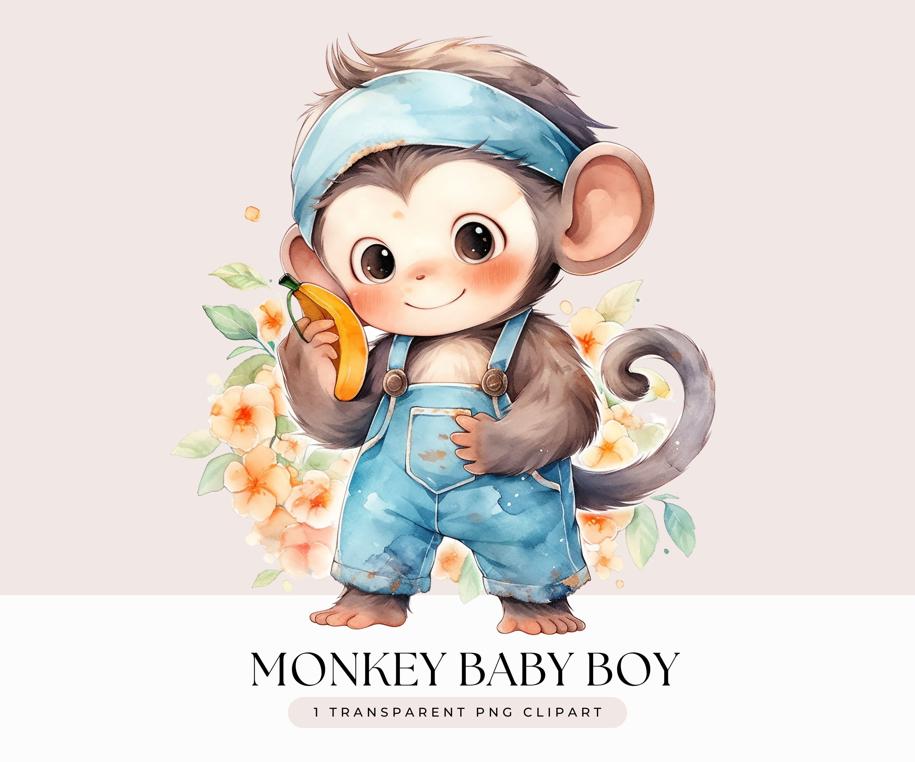 Baby Monkey in Overalls Clipart - Watercolor Kawaii Monkey Baby Shower ...