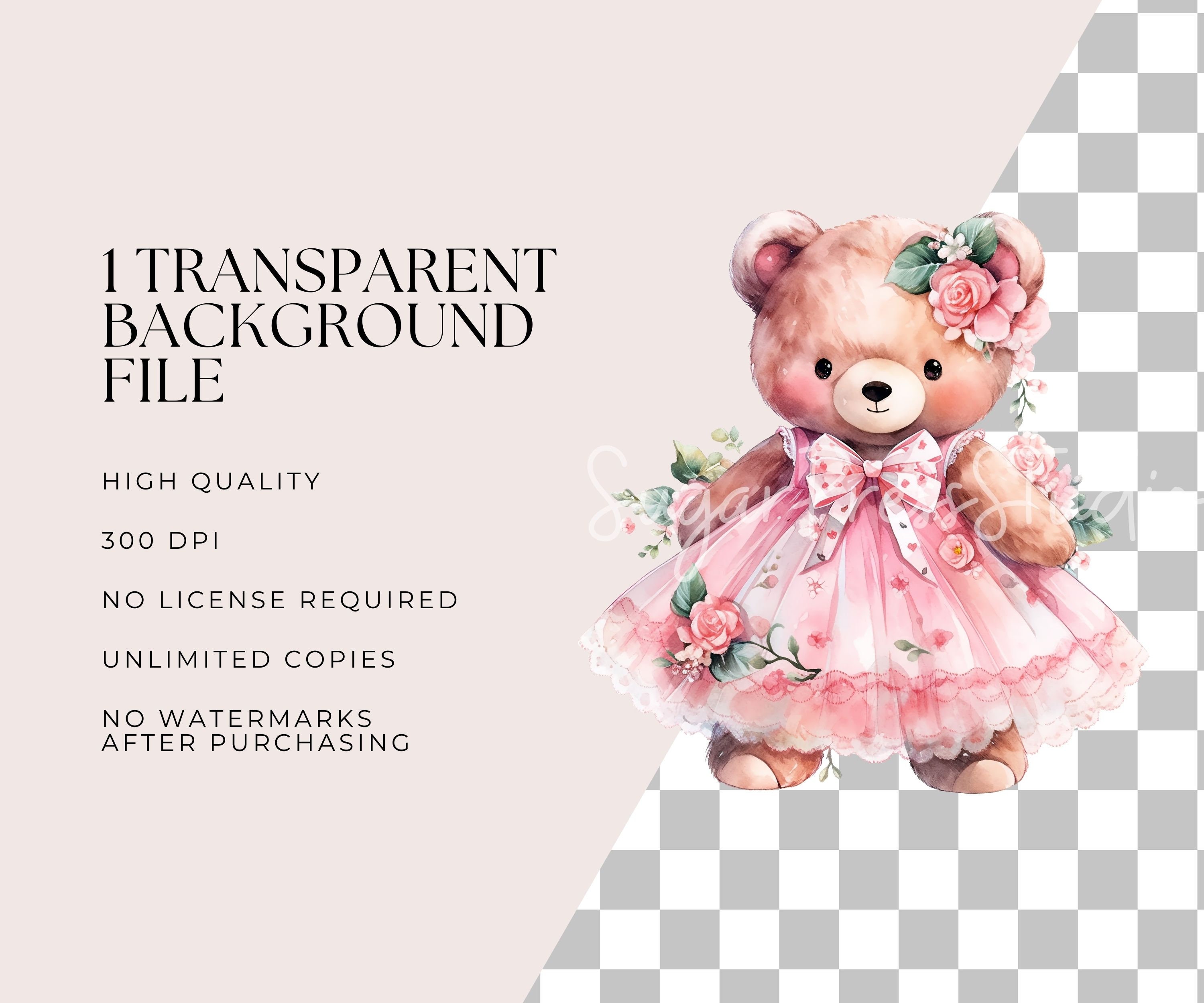 Teddy Bear in Pink Dress Clipart - Watercolor Kawaii Baby Bear Girl ...