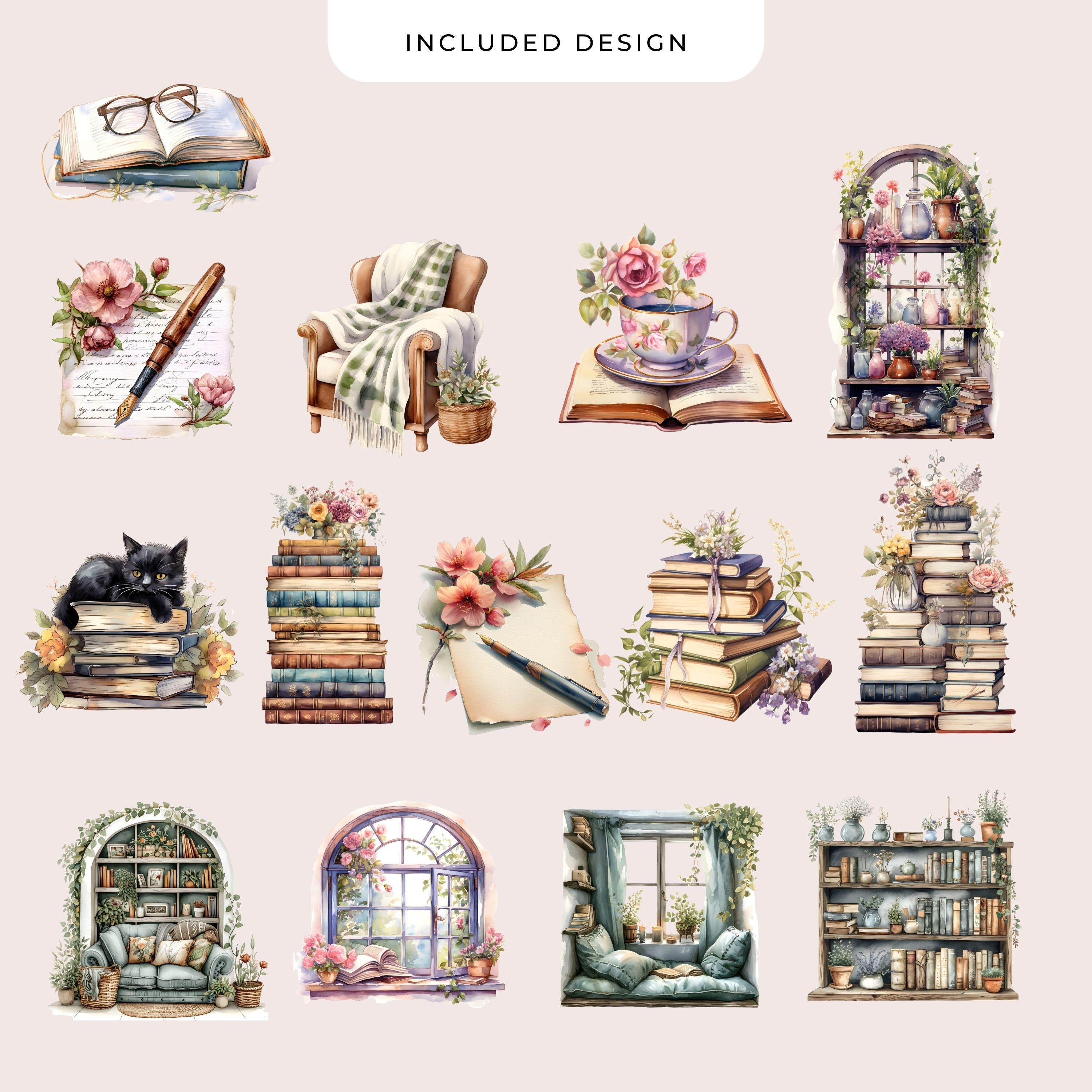 Cozy Chic Home Library Clipart Bundle - Watercolor Rustic Chic Dark ...