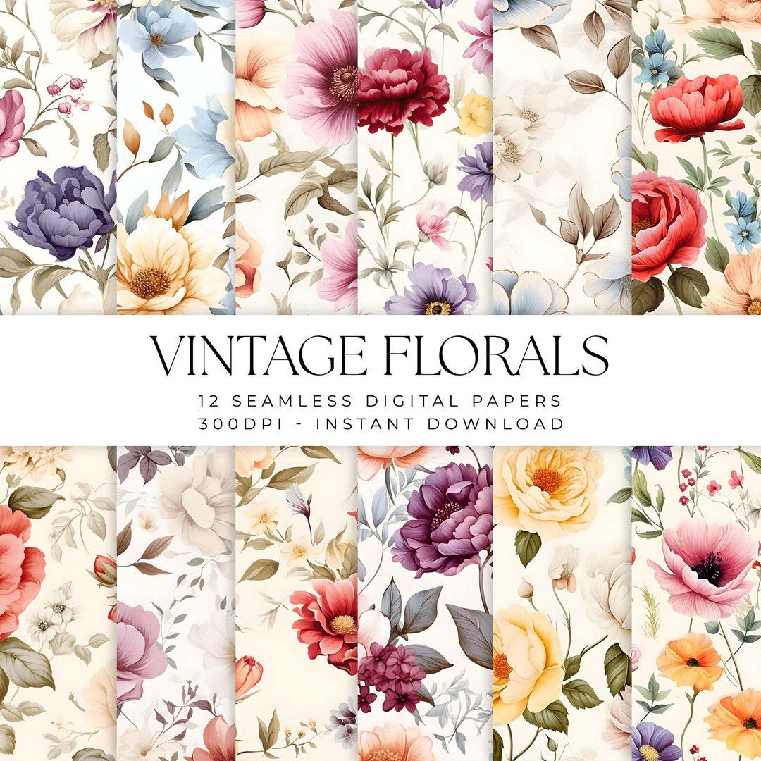 Light Vintage Flowers Digital Paper Pattern, Watercolor Shabby Chic ...