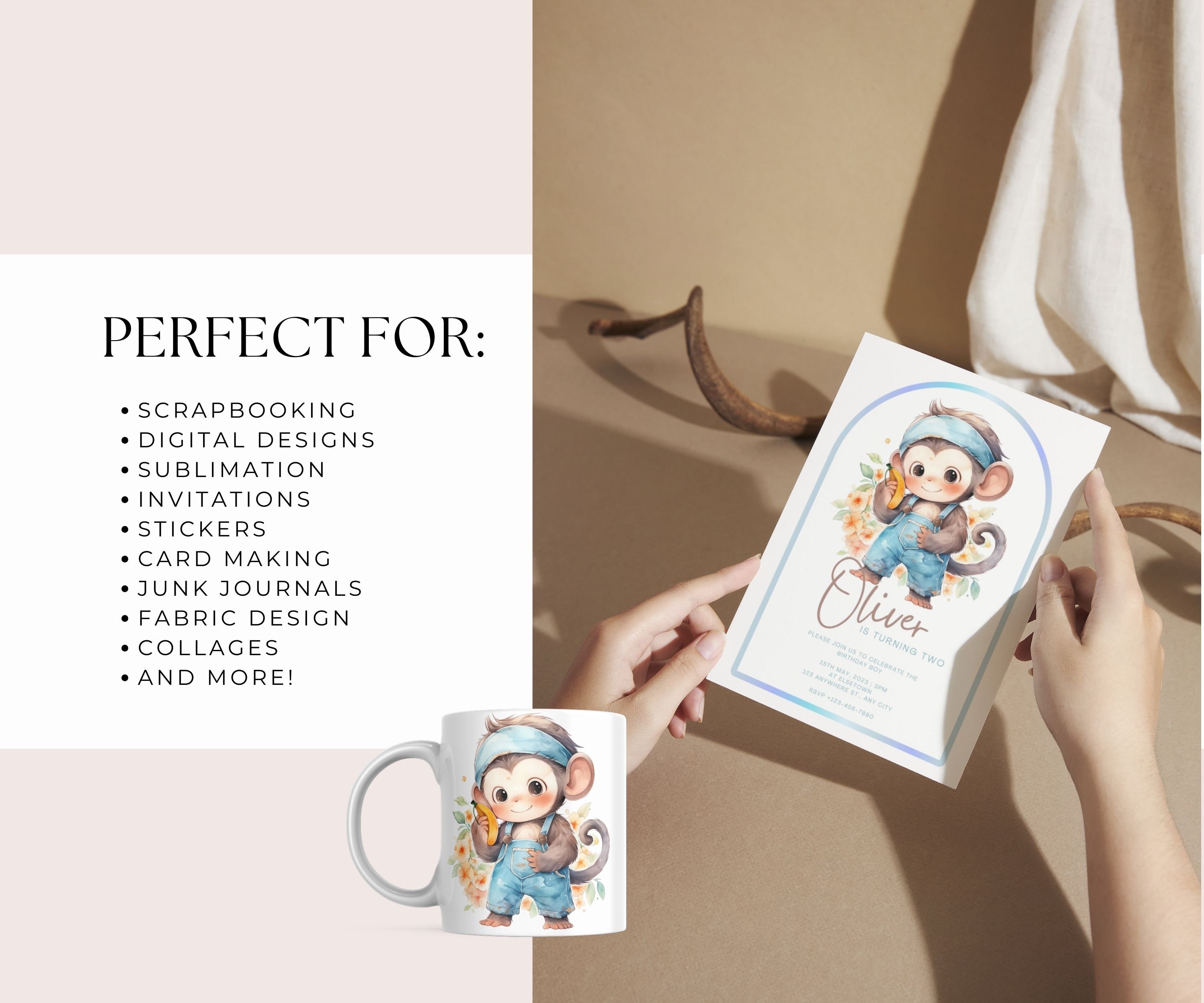 Baby Monkey in Overalls Clipart - Watercolor Kawaii Monkey Baby Shower ...