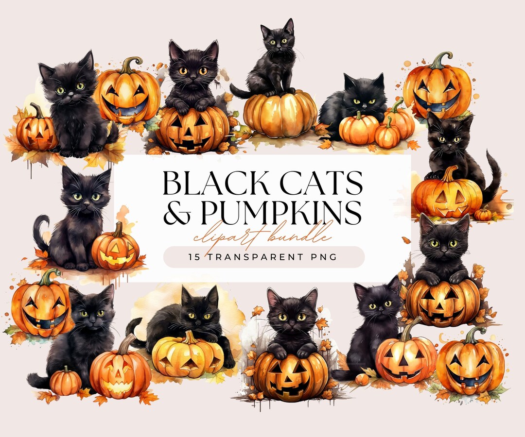 Black Cats & Pumpkins - Watercolor Halloween Cute Black Kitty Cat Jack ...