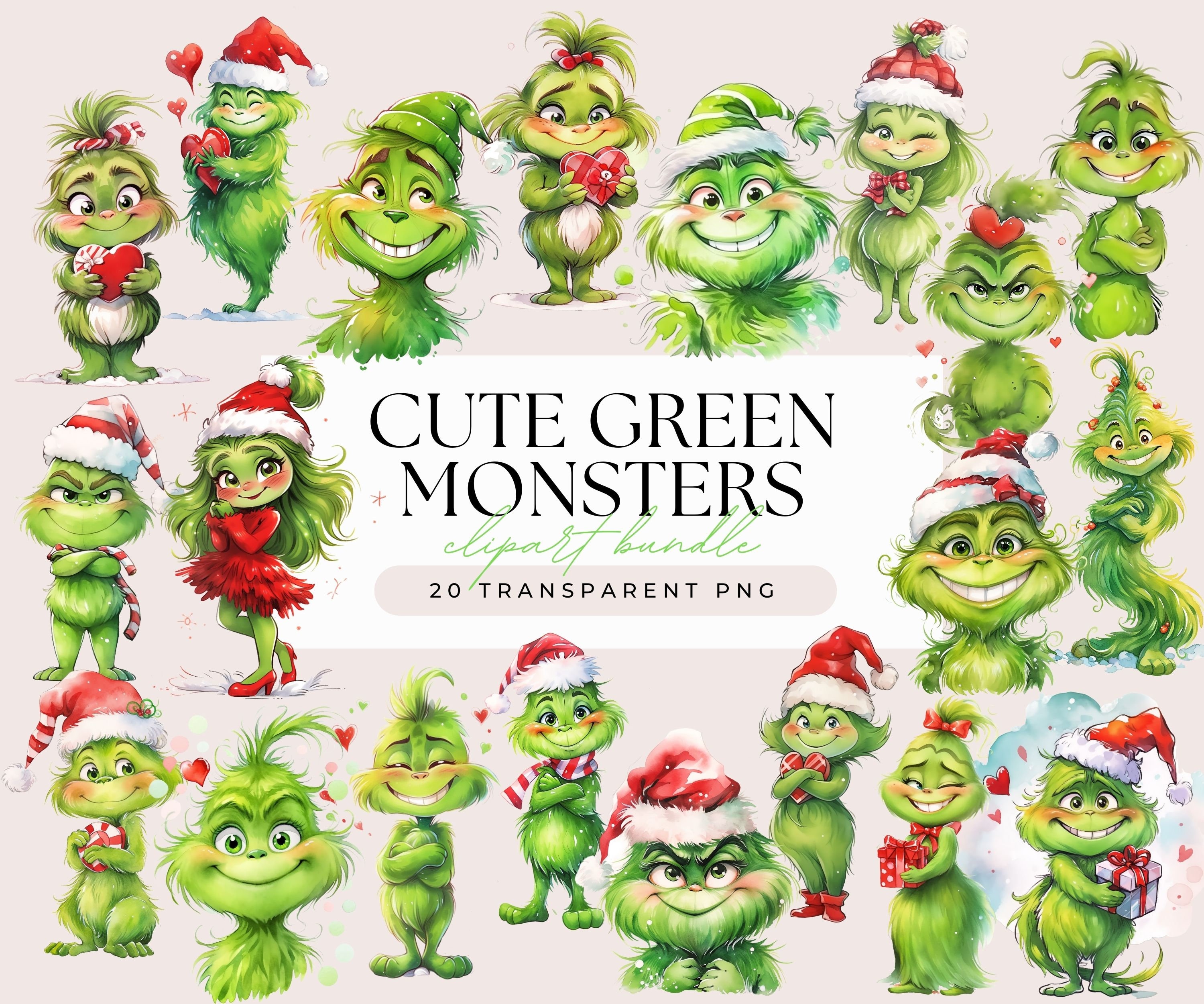 Cute Green Monster Clipart Bundle - Watercolor Christmas Festive Green ...
