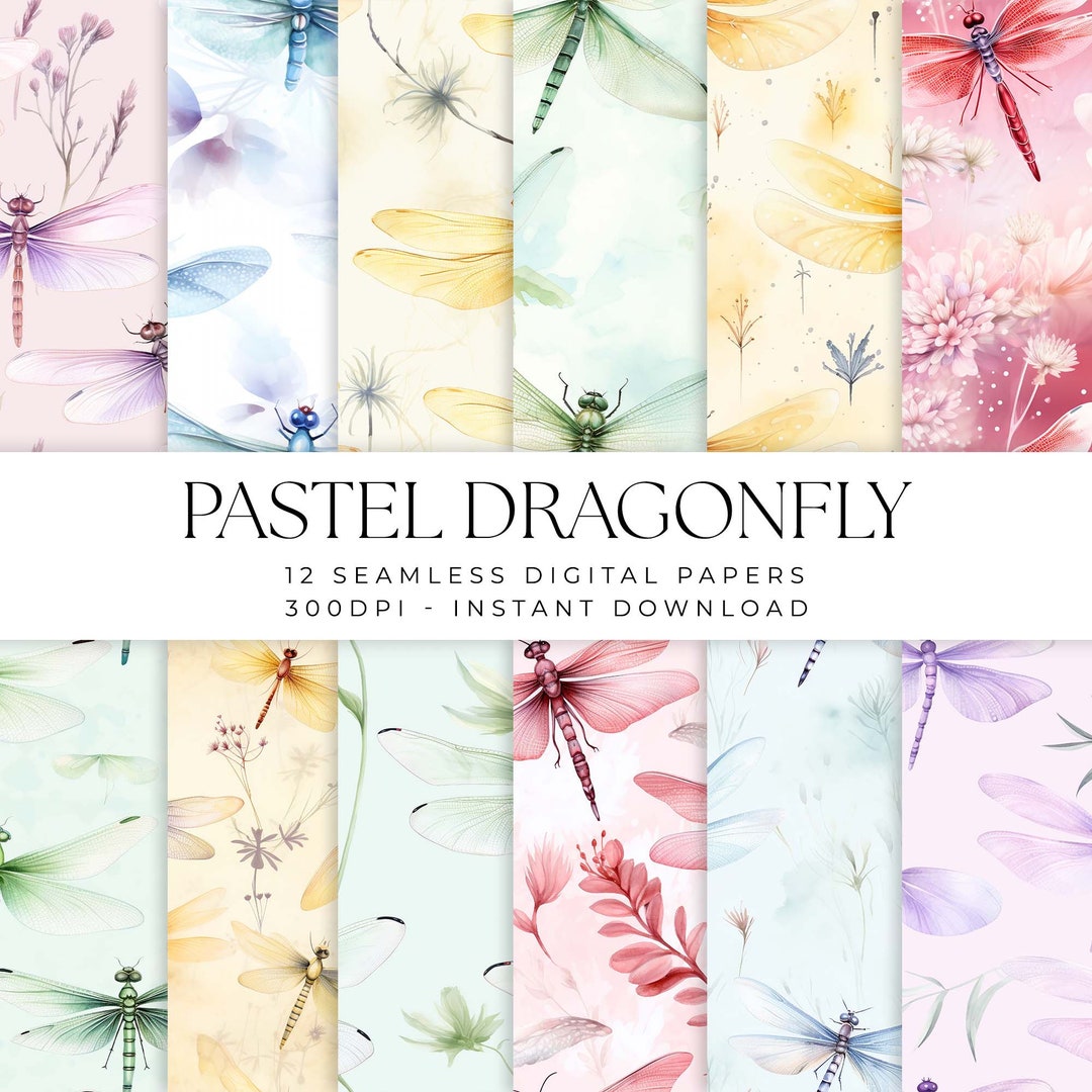 Pastel Dragonfly Digital Paper Pattern, Watercolor Colorful Dragonfly ...