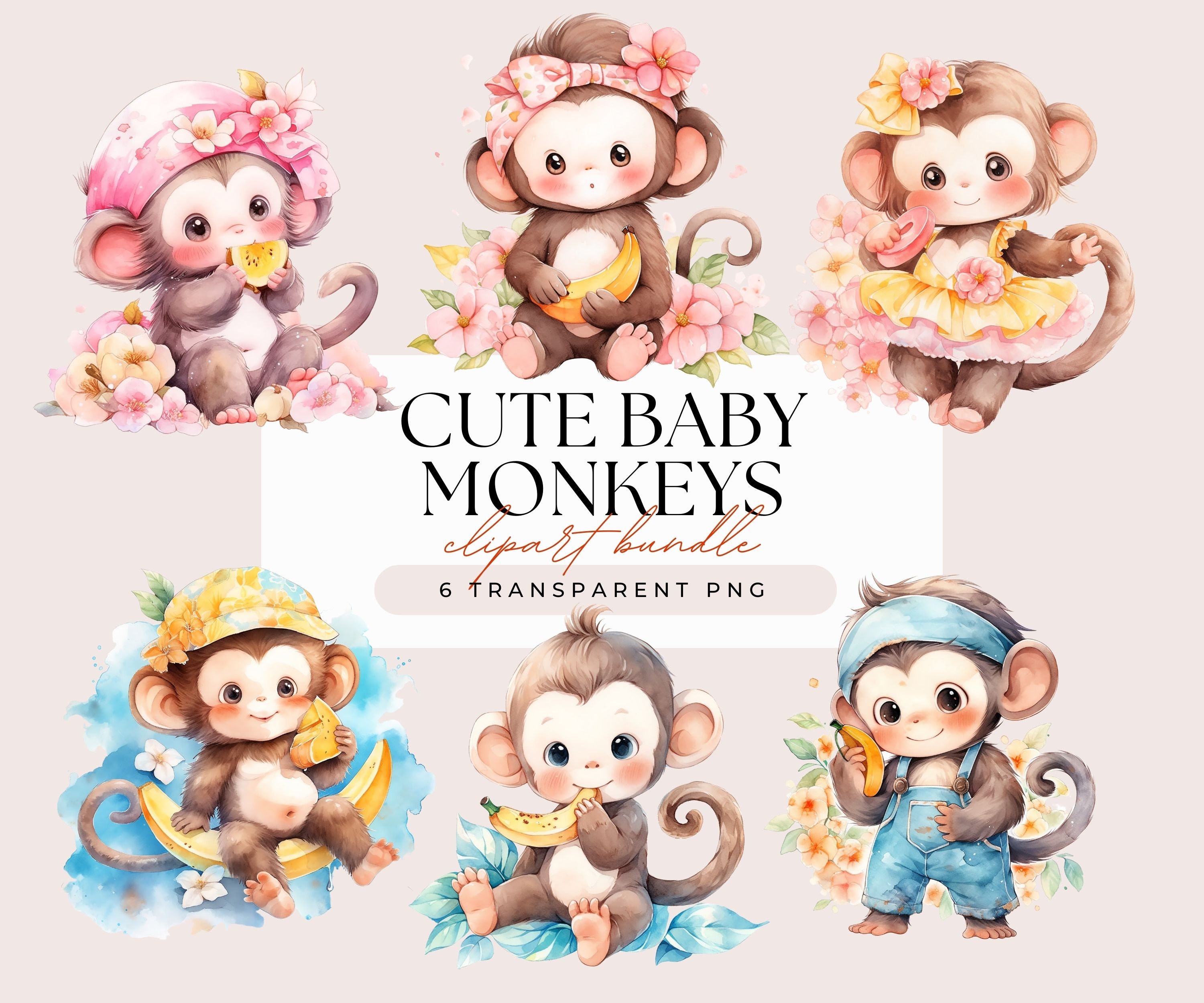 Cute Baby Monkeys Clipart - Watercolor Kawaii Baby Monkey Boy Girl Baby ...