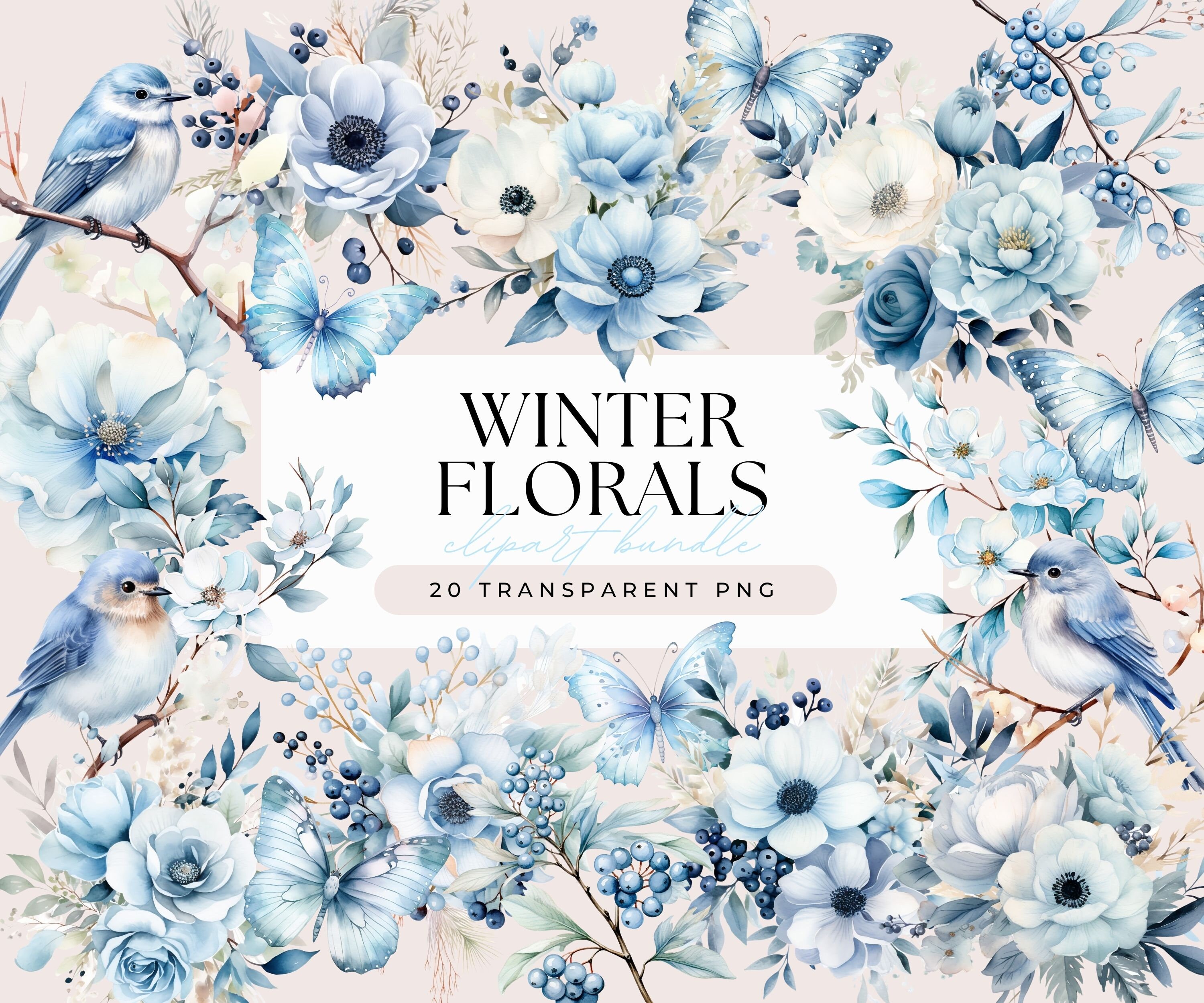 Winter Florals Clipart Bundle Watercolor Pastel Blue Winter Wedding ...