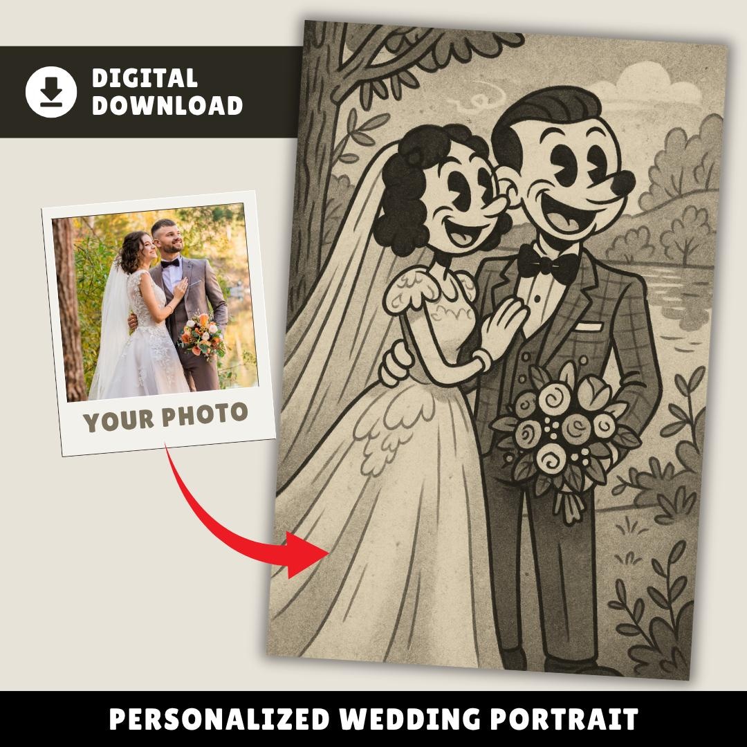 Custom Wedding Couple Cartoon Portrait, Personalized 1930 Rubber Horse ...
