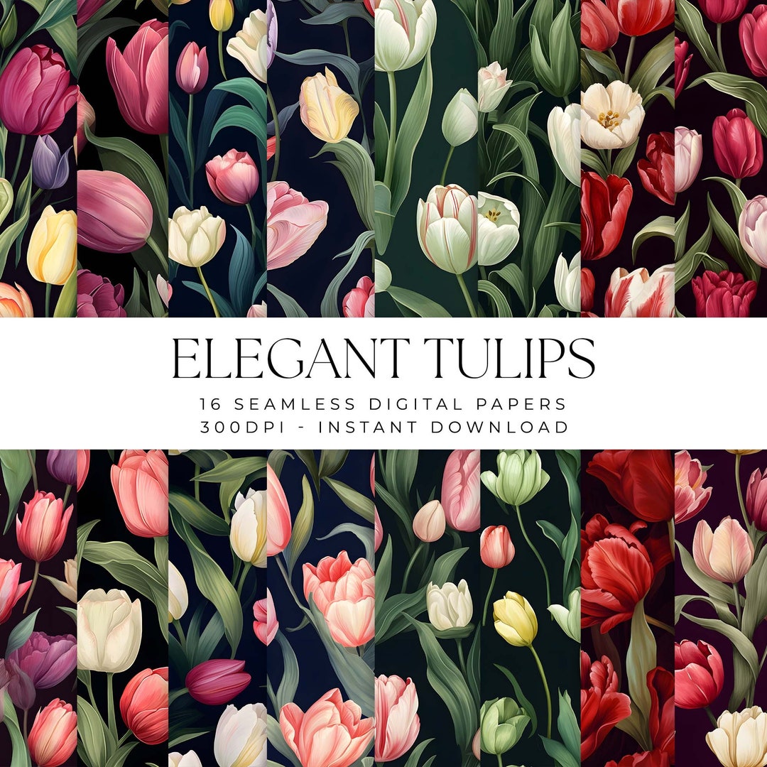 Elegant Tulip Flowers Digital Paper Pattern, Watercolor Colorful ...