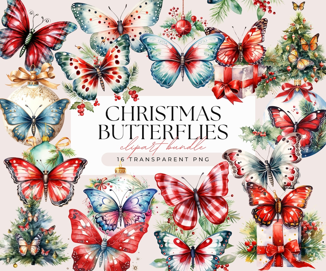 Christmas Butterfly Clipart Bundle - Watercolor Festive Christmas ...