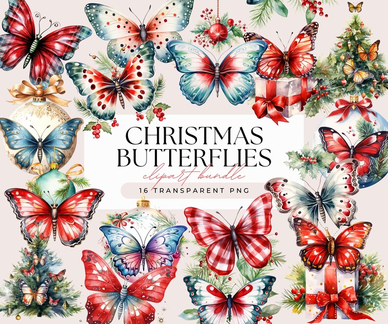 Christmas Butterfly Clipart Bundle - Watercolor Festive Christmas ...