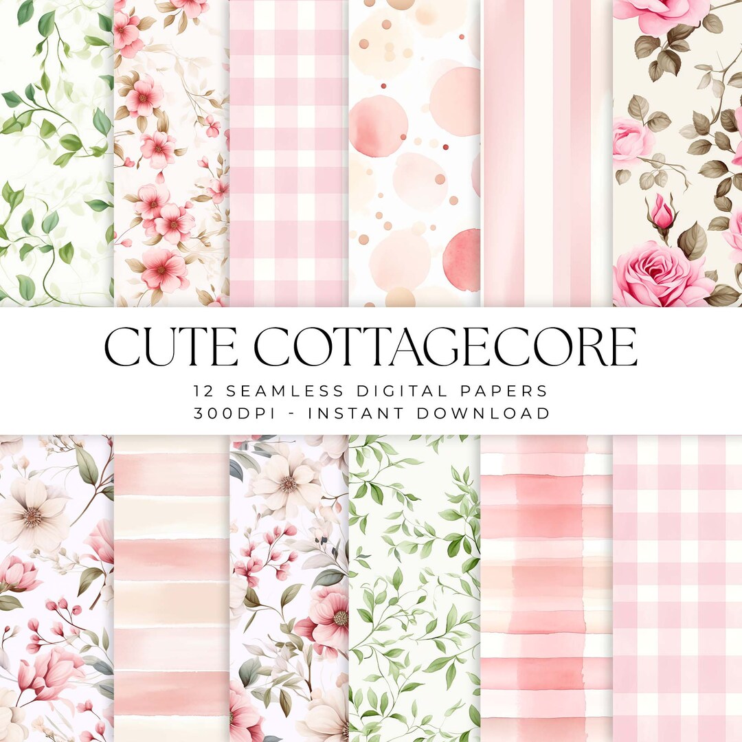 Cute Cottagecore Digital Paper Pattern, Watercolor Pink Gingham Flower ...