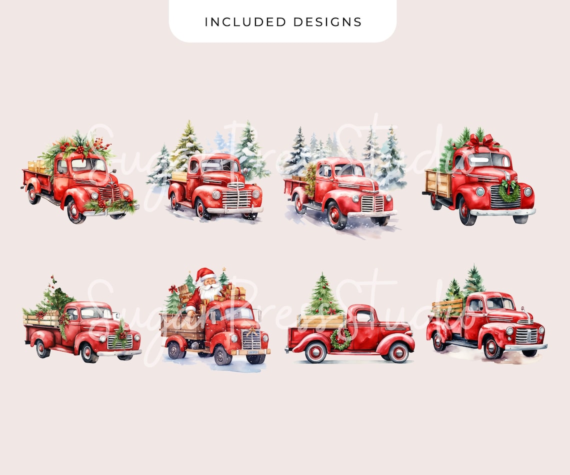 Red Christmas Truck Clipart - Watercolor Christmas Holiday Red Truck ...