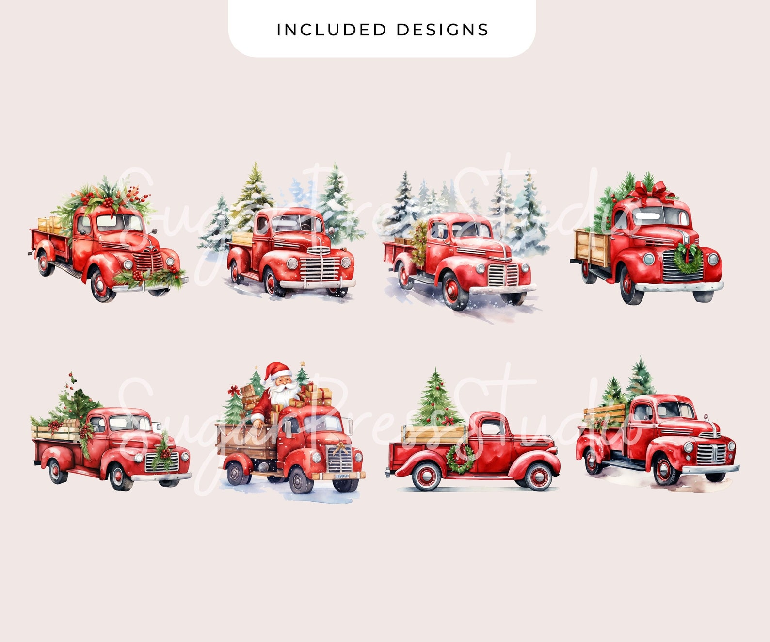 Red Christmas Truck Clipart - Watercolor Christmas Holiday Red Truck ...