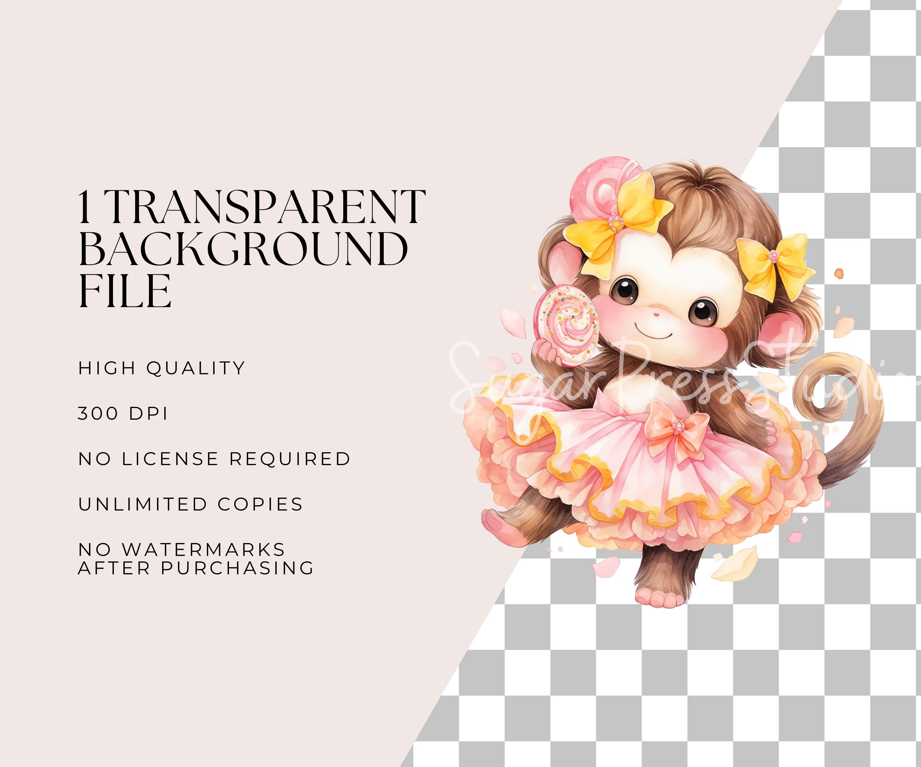 Baby Monkey in Pink Dress Clipart - Watercolor Kawaii Monkey Baby ...