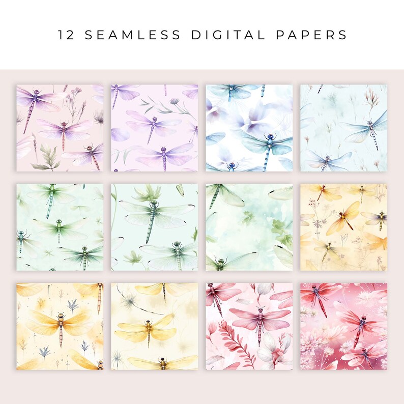 Pastel Dragonfly Digital Paper Pattern, Watercolor Colorful Dragonfly ...