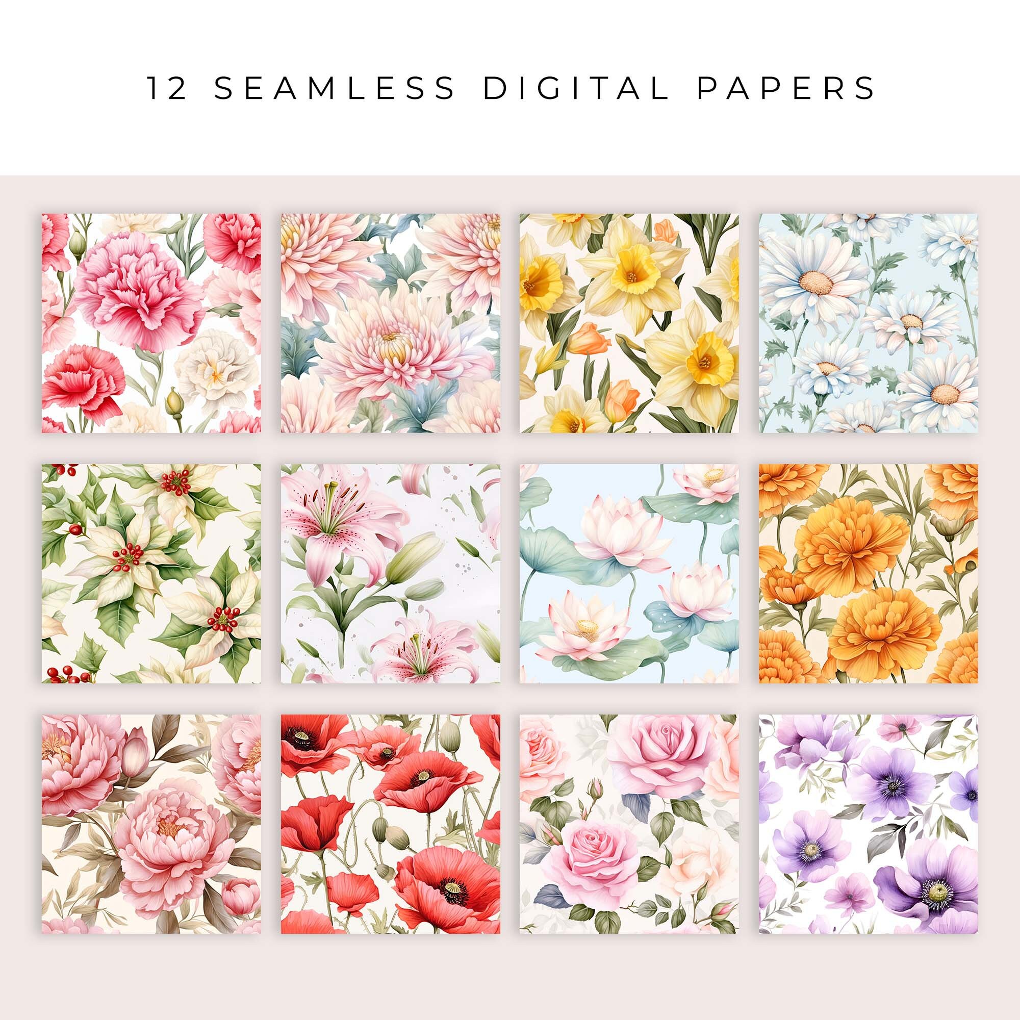 Birthflowers Digital Paper Pattern, Watercolor Flower of the Month ...