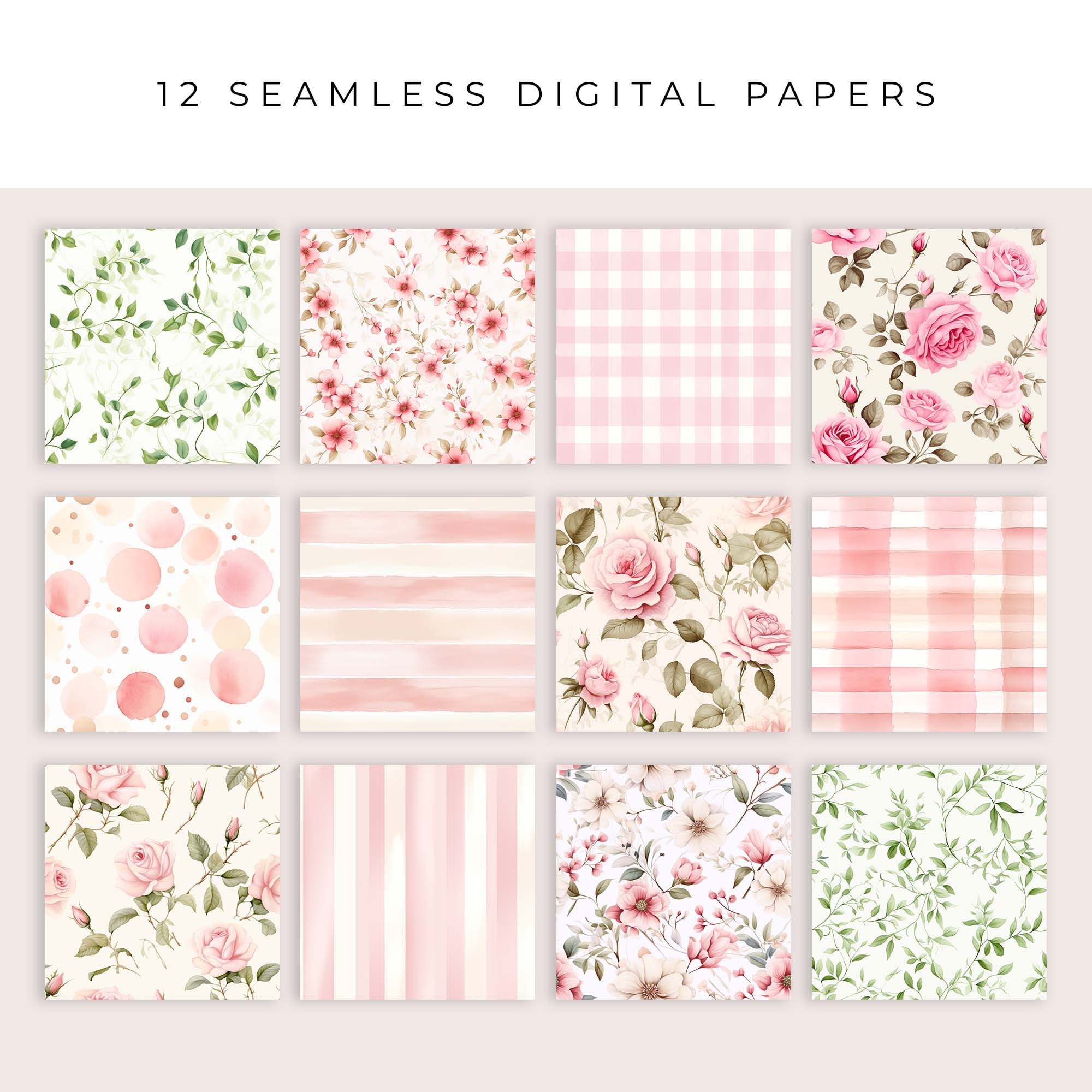 Cute Cottagecore Digital Paper Pattern, Watercolor Pink Gingham Flower ...