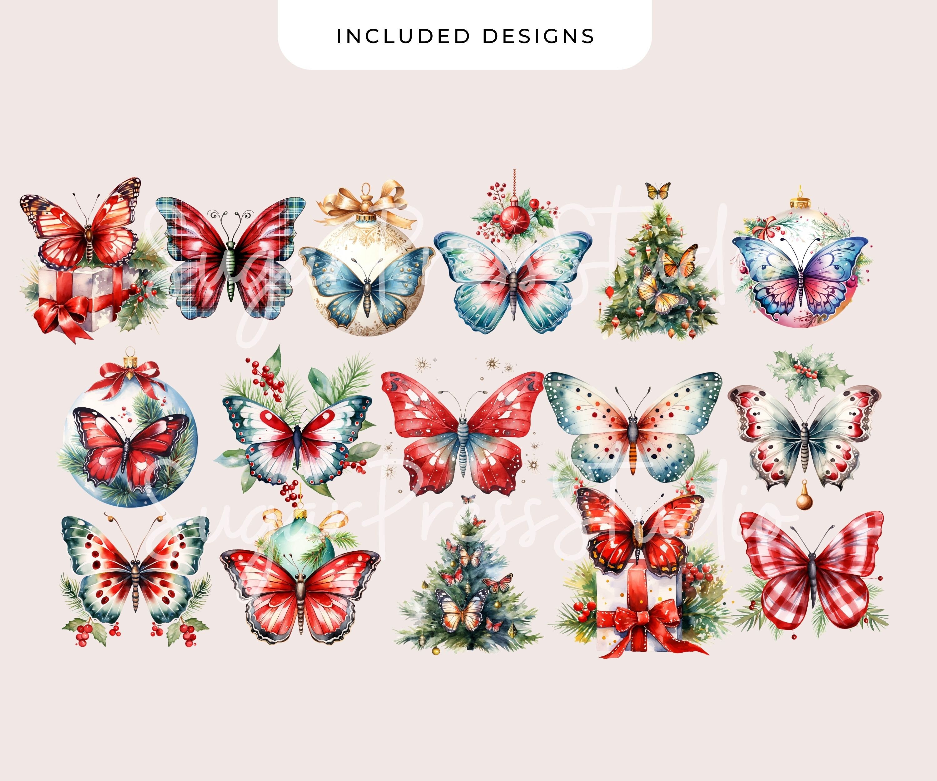 Christmas Butterfly Clipart Bundle - Watercolor Festive Christmas ...