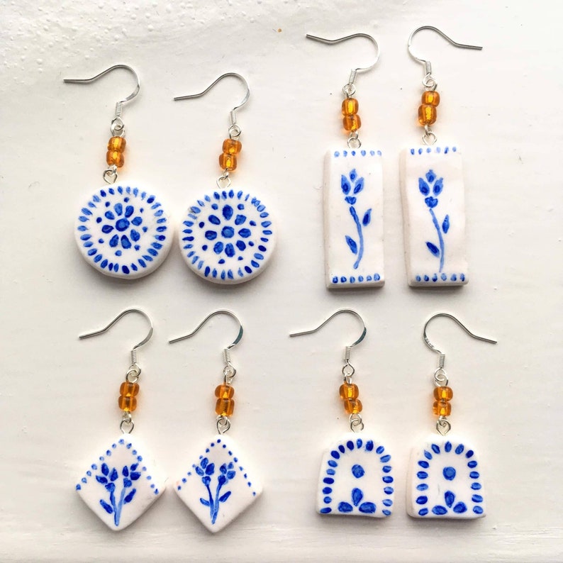 Blue & White Porcelain Tile Inspired Earrings / Portuguese / Greek Tile ...
