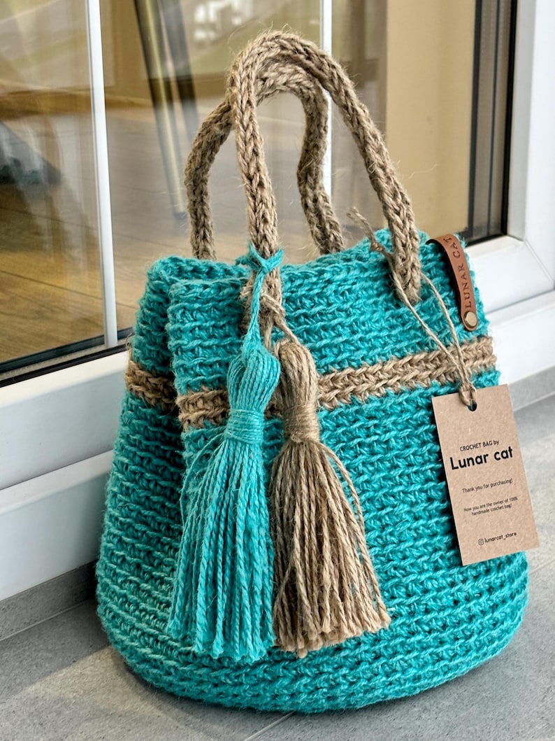 GEHAAKT PATROON Jute Bloom-tas, gehaakte draagtas, gehaakte jute ...