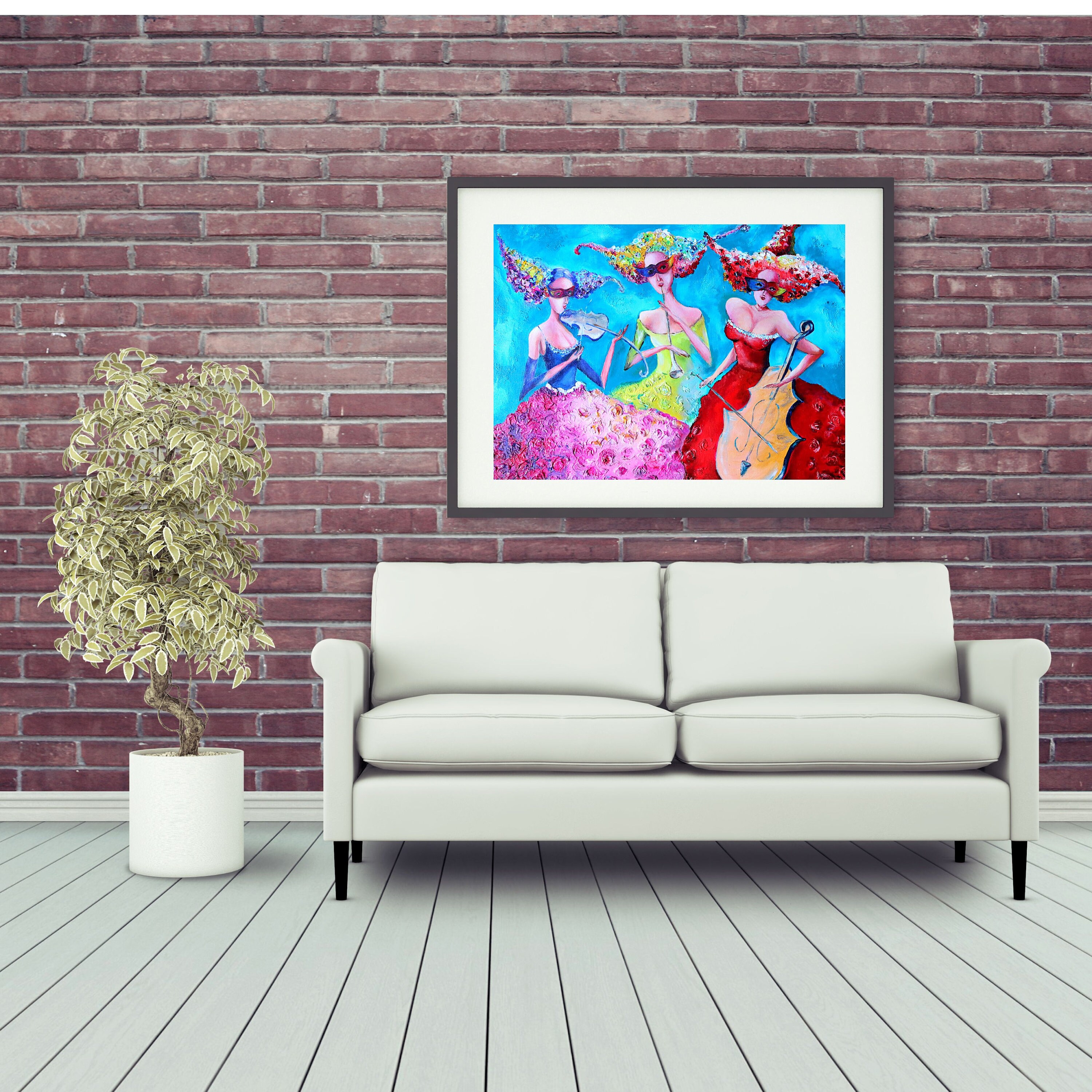 Poster Music Art Print Three Women Playing on Musical Instruments Art ...