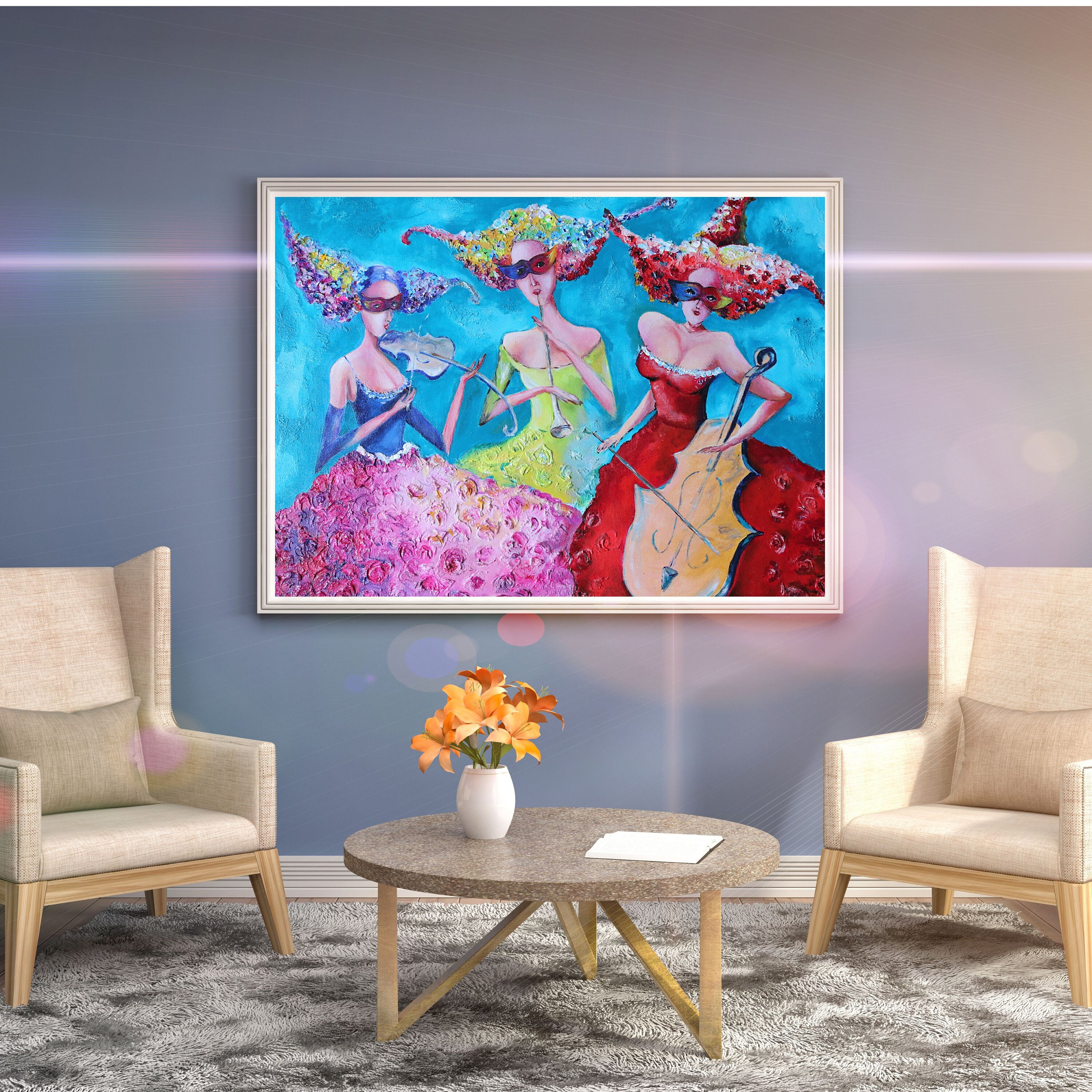 Poster Music Art Print Three Women Playing on Musical Instruments Art ...