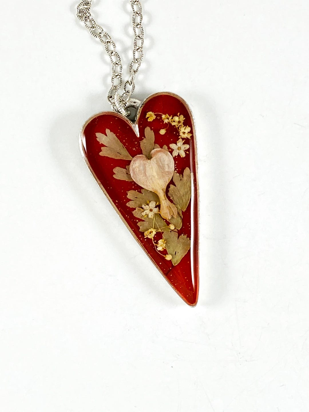 White Bleeding Heart Maidenhair Fern Elderflowers Necklace Red Resin ...