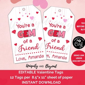 Valentine's Day Ring Pop Tags, You're a Gem of a Friend Tags, Friends ...