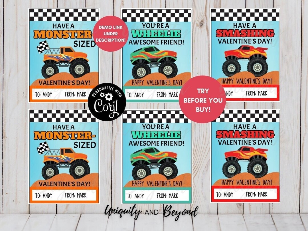 Monster Trucks Valentines, Trucks, Classroom Valentine Cards, Kids ...