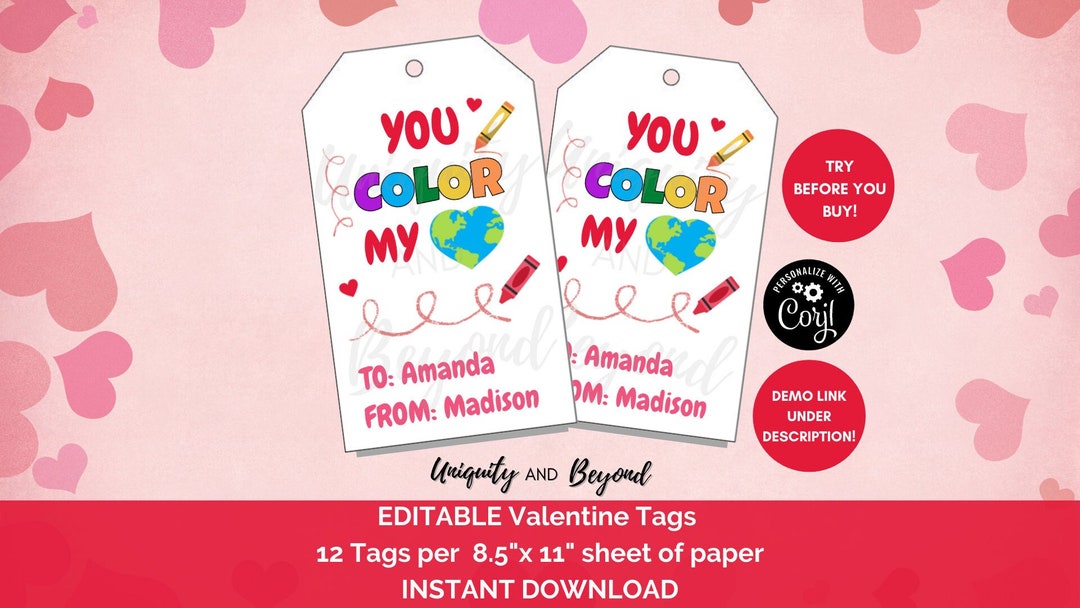 Valentine's Day Crayons Tag, You Color My World Tags, Kids Valentine's ...