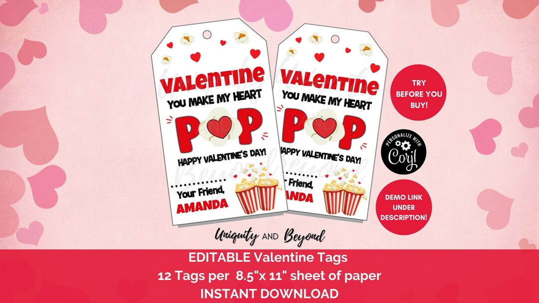 Valentine's Day Popcorn Tags, Popcorn Tags, Friends Valentine's Day ...