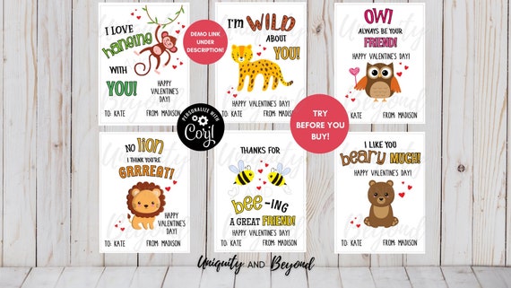 Animals Classroom Valentine Cards Kids Valentines School | Etsy