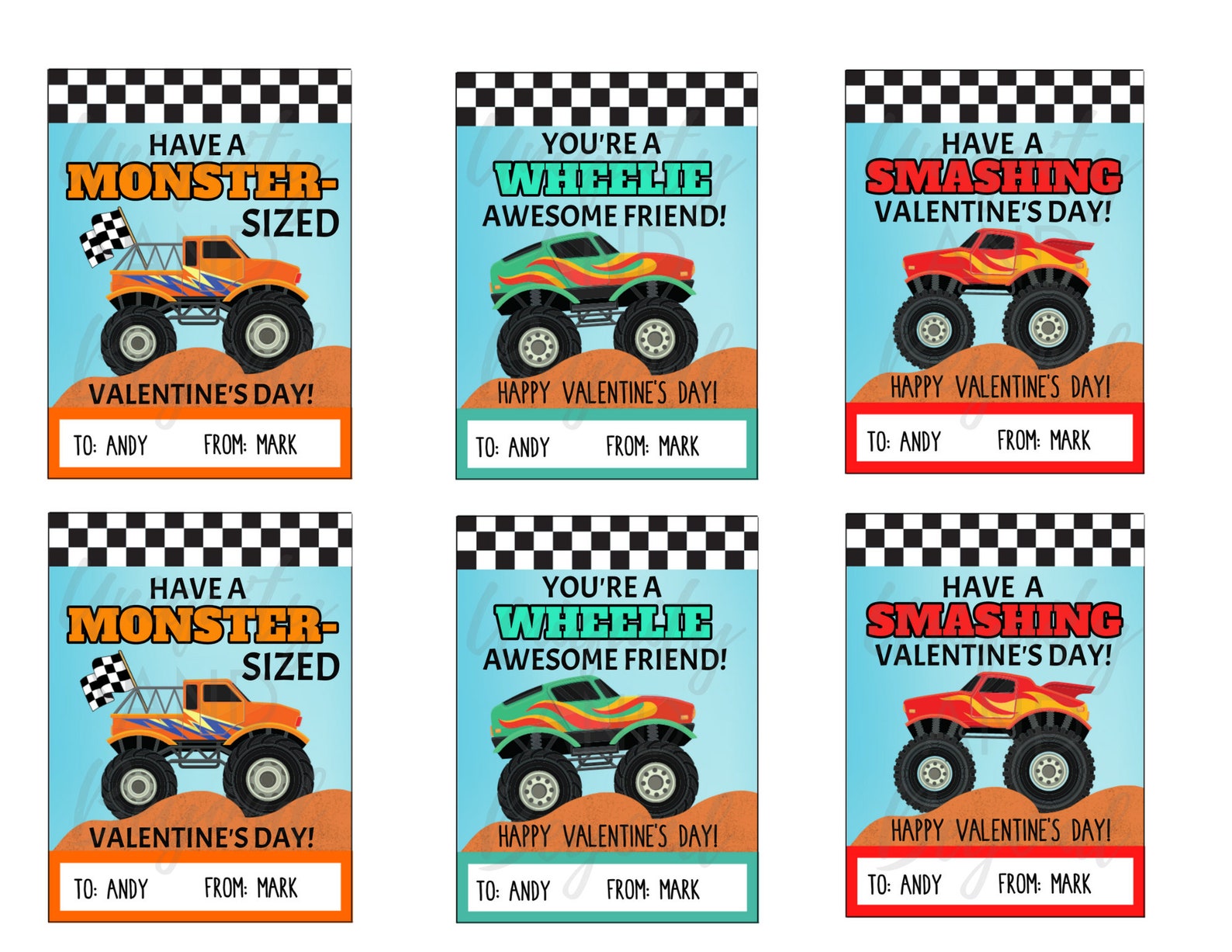 Monster Trucks Valentines Trucks Classroom Valentine Cards | Etsy