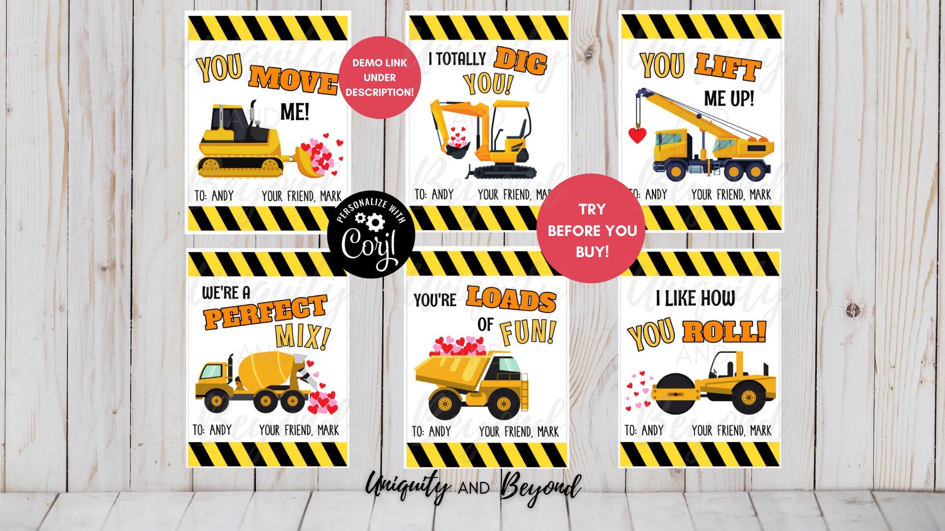 Construction Valentines Trucks Bulldozer Classroom | Etsy