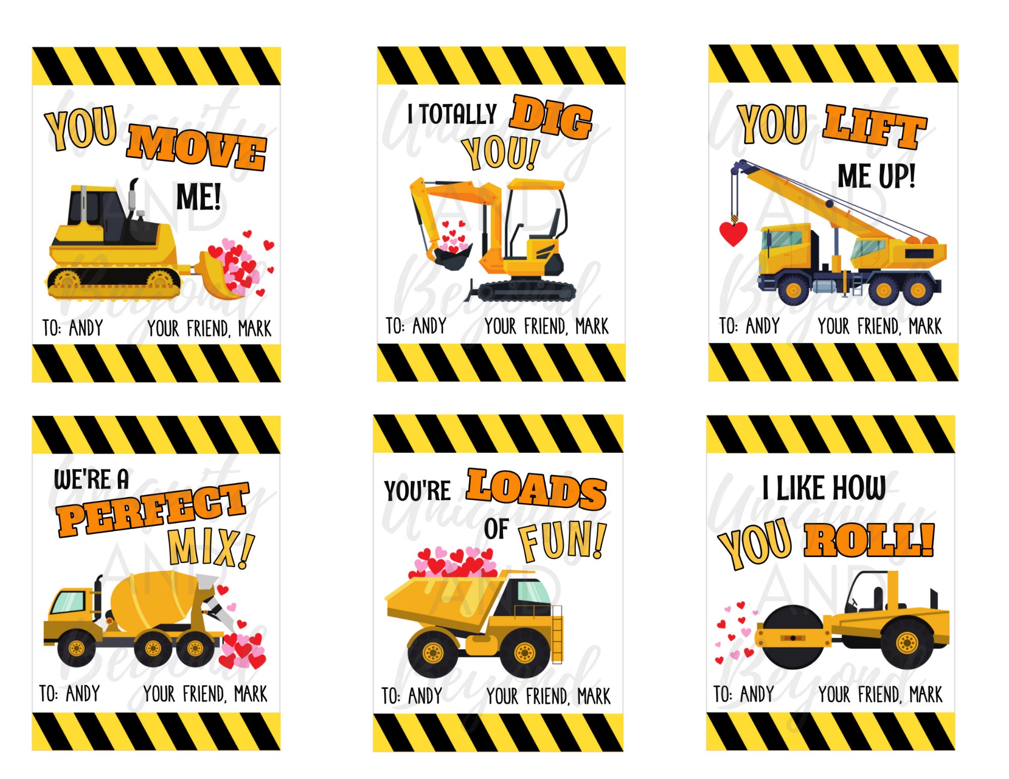 Construction Valentines Trucks Bulldozer Classroom | Etsy
