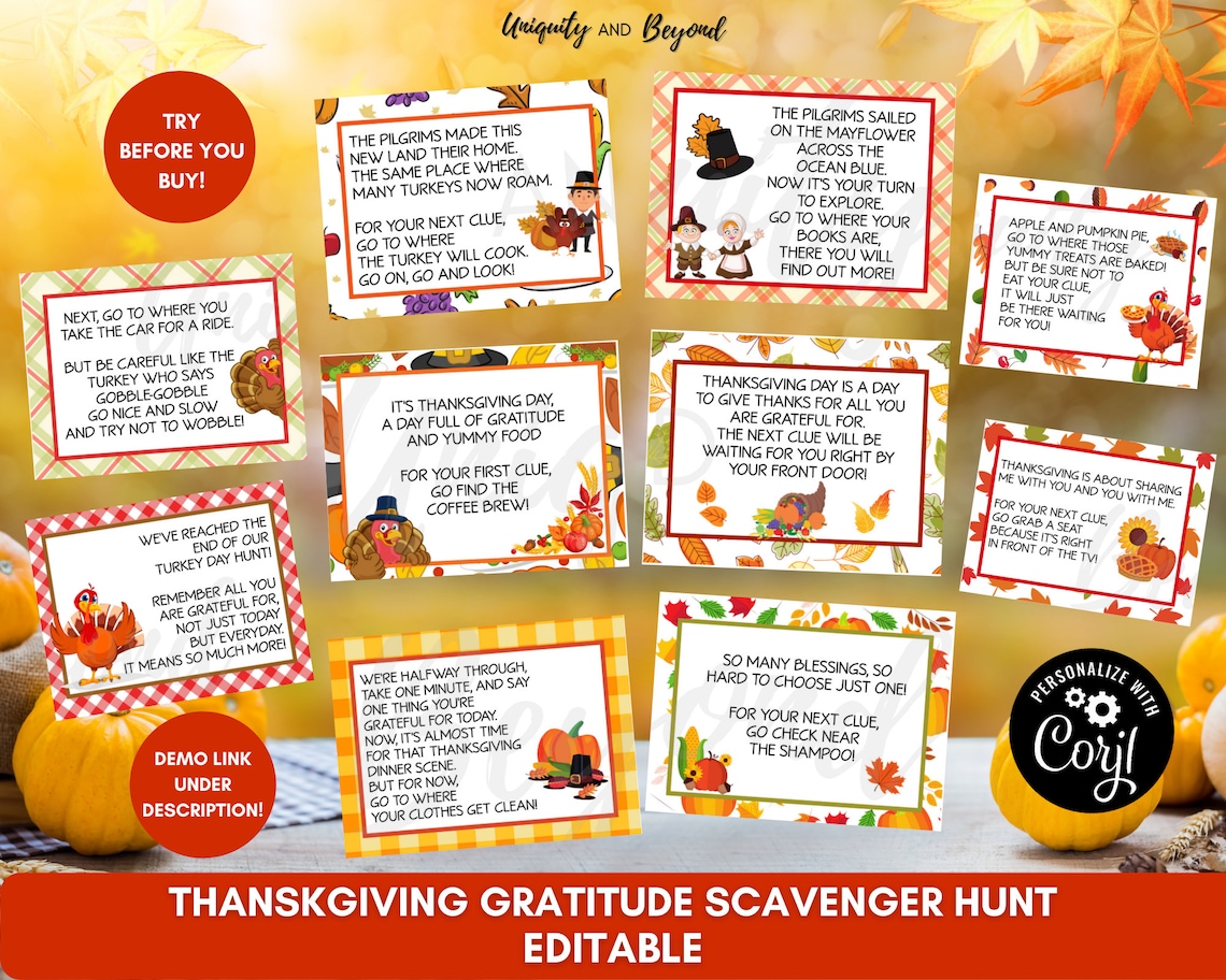 EDITABLE Thanksgiving Scavenger Hunt Clues Turkey Scavenger - Etsy