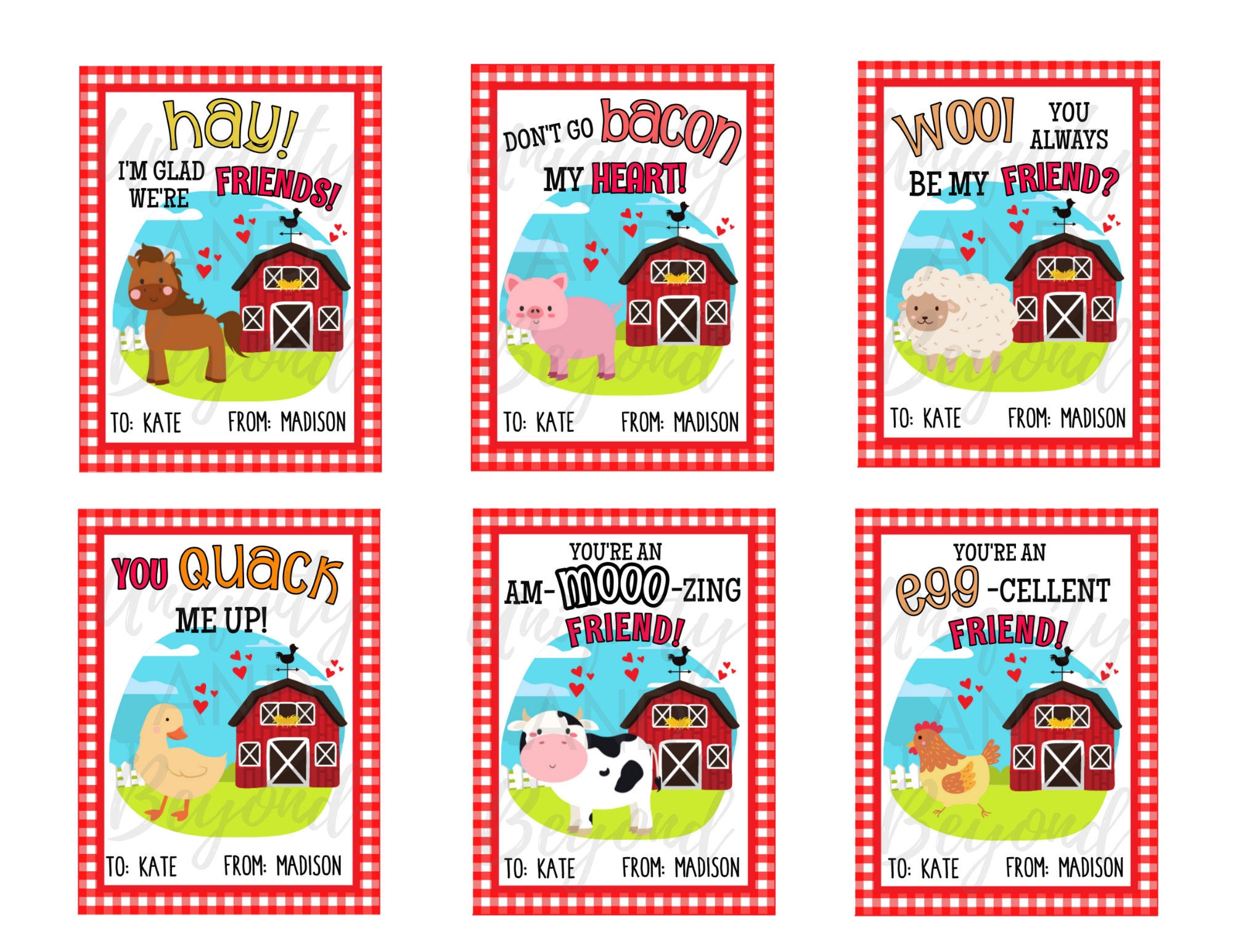 Farm Animals Valentines Farm Classroom Valentine Cards Kids - Etsy