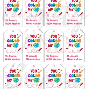 Valentine's Day Crayons Tag, You Color My World Tags, Kids Valentine's ...