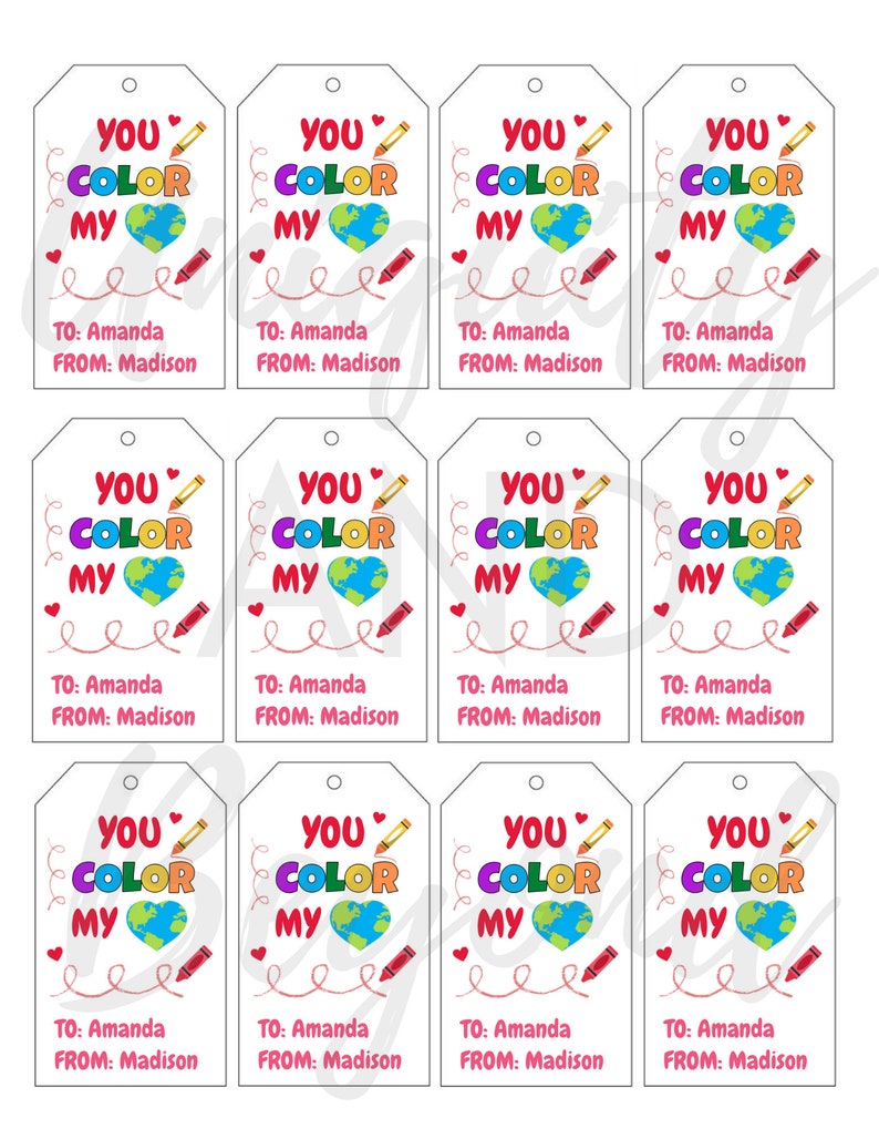 Valentine's Day Crayons Tag You Color My World Tags Kids | Etsy