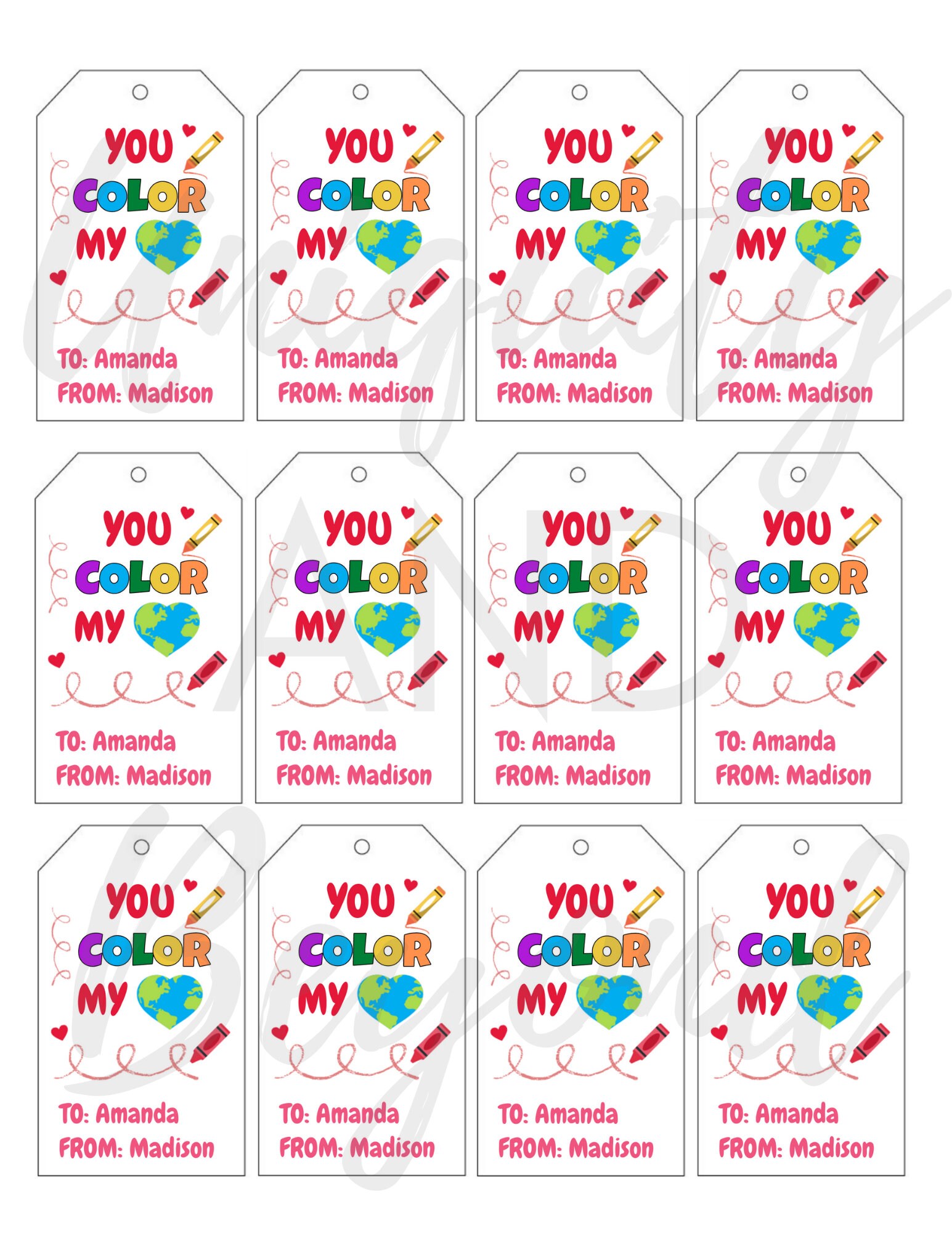 Valentine's Day Crayons Tag You Color My World Tags Kids | Etsy