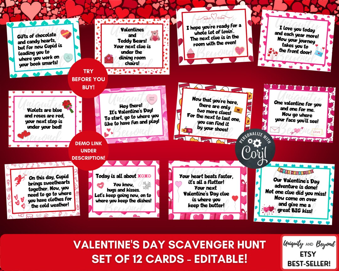 EDITABLE Valentine's Day Scavenger Hunt Valentines - Etsy