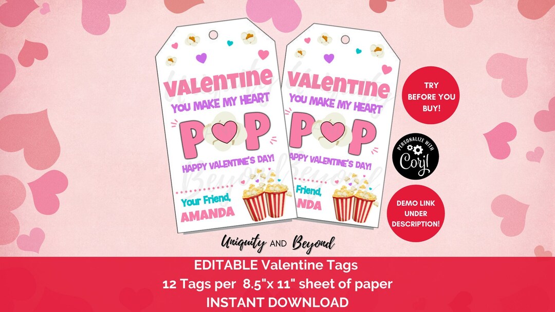 Valentine's Day Popcorn Tags, Popcorn Tags, Friends Valentine's Day ...
