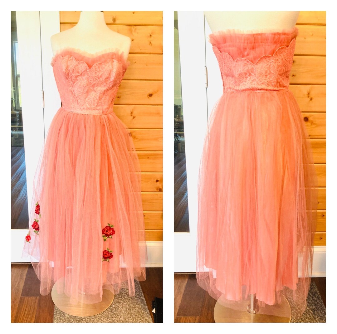 Vintage 1950s Strapless Pink Prom Dress, Cupcake Formal Tulle Lace Rose ...