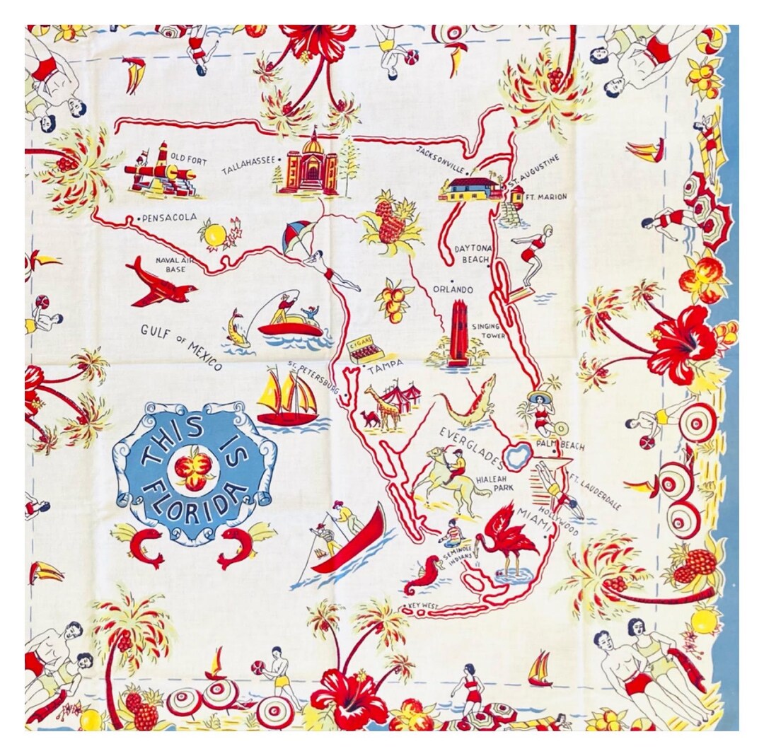 Vintage 1950s Florida Map Souvenir Tablecloth Beach Swimsuits Sailfish ...