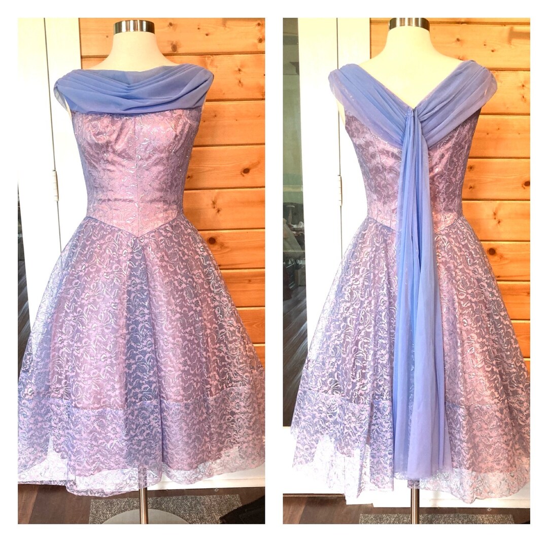 Vintage 1950s Fit Flare Party Dress Prom Dress Cupcake Scarf Tail Lace ...