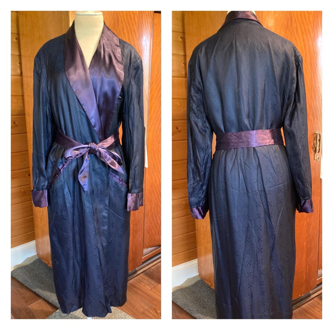 Vintage 1950s Long Smoking Jacket Lounge Robe Navy Rayon Satin Collar ...