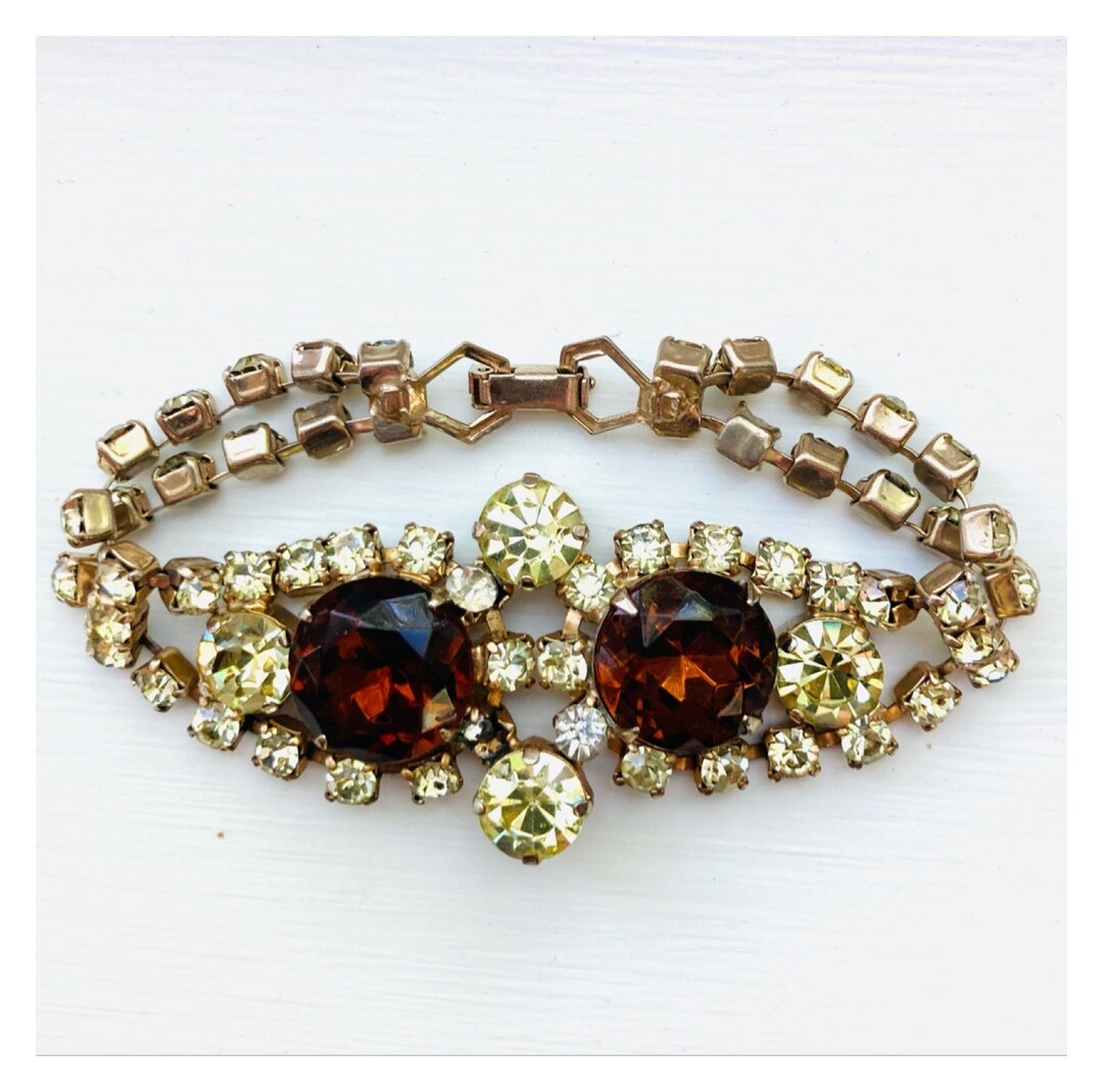 Vintage 1950s 60s Rhinestone Bracelet, and Brown and Pale Yellow ...