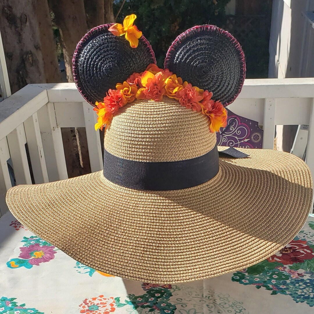 Coco Inspired Mickey Ear Sun Hat With Black on the Front, Pink on the ...